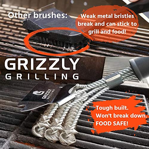 Grizzly Grilling Grill Brush and Scraper - Bristle Free Stainless Steel BBQ Cleaning Tool - No Wire Scrubber Best for Gas/Charcoal/Porcelain Grill Grates - Safe Barbeque Accessories