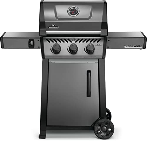 Napoleon Freestyle 365 Propane Gas BBQ Grill - F365DPGT - Barbecue Gas Cart, With 3 Burners, Folding Side Shelves, Instant Failsafe Ignition, Porcelain Coated Cast Iron Cooking Grids