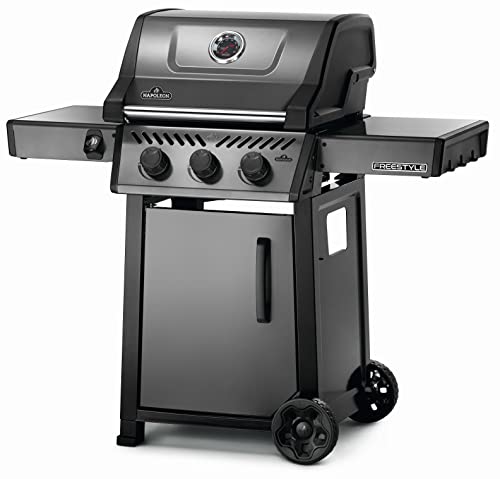 Napoleon Freestyle 365 Propane Gas BBQ Grill - F365DPGT - Barbecue Gas Cart, With 3 Burners, Folding Side Shelves, Instant Failsafe Ignition, Porcelain Coated Cast Iron Cooking Grids