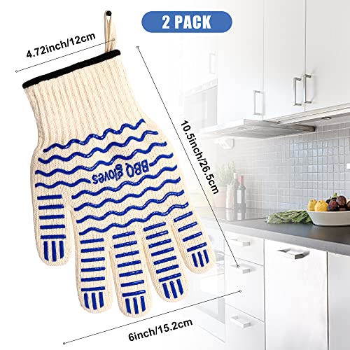 Heat Resistant Kitchen Oven Gloves, Grill Gloves with Non-Slip Silicone, EN407 Certified - 932°F Oven Gloves - Ideal for Kitchen, Outdoor Cooking, Grilling (1 Pair Blue)