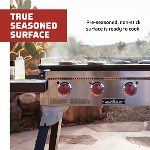 Camp Chef Portable Flat Top Grill, True Seasoned Griddle Surface, Four 12,000 BTU/hr. stainless steel burners