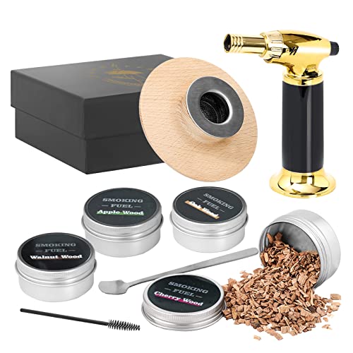 Cocktail Smoker Kit, Four Kinds of Wood Smoker Chips for Bourbon and Whiskey, Infuse Wine, Cheese, Salad and Meats Ideal Gifts for Men, Friend, Husband, Dad(With Torch No Butane)