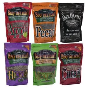 bbqr’s delight wood smoking pellets – super smoker variety value pack – 1 lb. bag – apple, hickory, mesquite, cherry, pecan and jack daniel’s