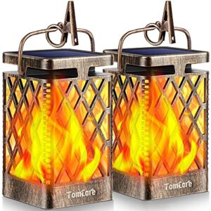 tomcare solar lights outdoor flickering flame solar lantern outdoor hanging lanterns decorative outdoor lighting solar powered waterproof led flame lights for patio garden deck, 2 pack(bronze)