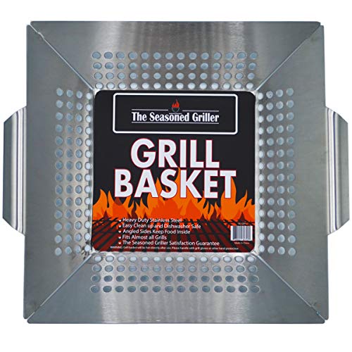 Professional Grade Stainless Steel Grill Basket, BBQ Accessories, Meats, Vegetables, Seafood, Pizza, Kabob. Fits Charcoal, Gas Grills Camping Cookware Grill Tool Gift for Dad