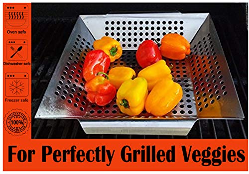 Professional Grade Stainless Steel Grill Basket, BBQ Accessories, Meats, Vegetables, Seafood, Pizza, Kabob. Fits Charcoal, Gas Grills Camping Cookware Grill Tool Gift for Dad