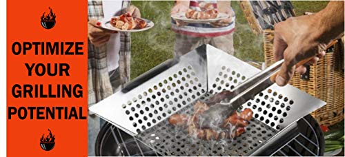 Professional Grade Stainless Steel Grill Basket, BBQ Accessories, Meats, Vegetables, Seafood, Pizza, Kabob. Fits Charcoal, Gas Grills Camping Cookware Grill Tool Gift for Dad