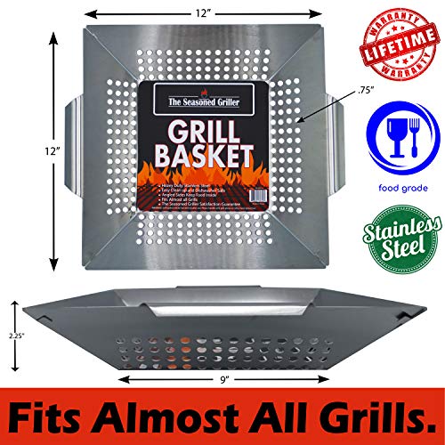 Professional Grade Stainless Steel Grill Basket, BBQ Accessories, Meats, Vegetables, Seafood, Pizza, Kabob. Fits Charcoal, Gas Grills Camping Cookware Grill Tool Gift for Dad