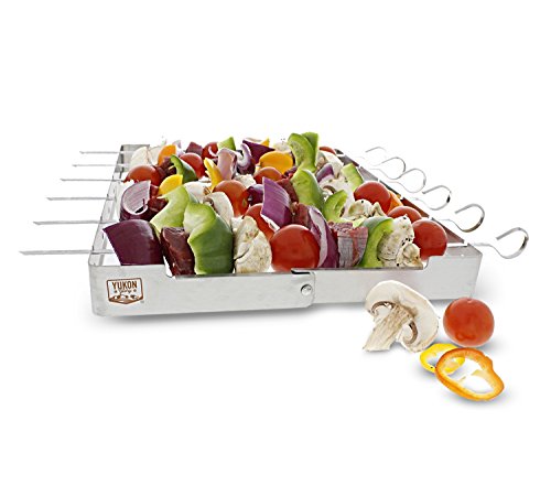 Yukon Glory BBQ Skewer Rack for Grilling Shish Kebob and skewers, Durable Foldable Stainless Steel with 6 Skewers