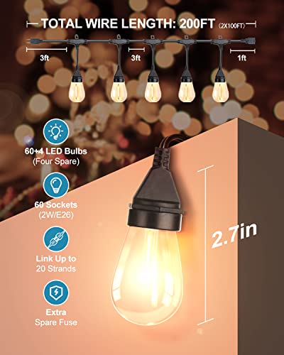 Lightdot 200 FT (2x100FT) Outdoor Dimmable Linkable Heavy Duty Led Light String with 60+4(Replaceable) 1.5W Shatterproof LED Bulbs, Hanging Lights for Cafe Bistro Gazebo Garden Backyard - ETL Listed