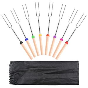 marshmallow roasting sticks 8pack, 32inch telescopic barbecue forks retractable stainless steel smores skewers with anti-slip wooden handle for bbq outdoor camping campfire firepit