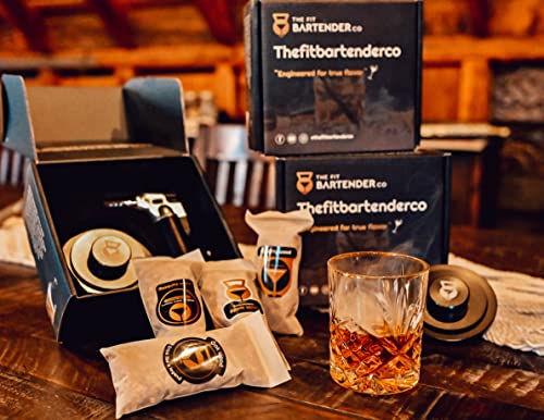 TheFitBartenderCo Metal Cocktail Smoker Kit with Torch- Includes four flavored woodchips, whiskey smoker, Gift for men, dad, husband, boyfriend, bourbon, infuse drink, meat & cheese