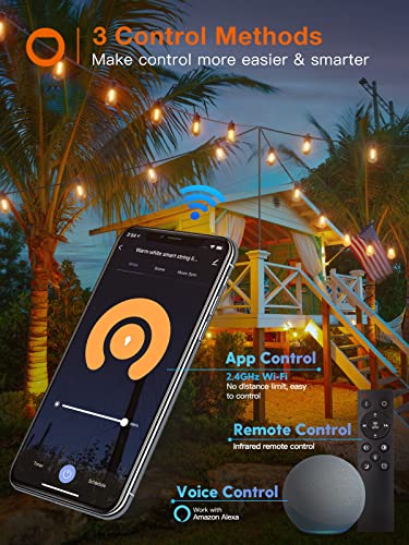 addlon 48FT Smart Outdoor String Lights with APP & Remote Control, Works with Alexa, Music Sync Waterproof Patio Lights with Dimmable Edison Shatterproof Bulbs, Extendable for Patio, Porch