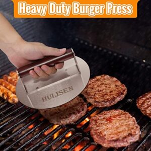 HULISEN Heavy-Duty Burger Press & Melting Dome Set, 8.5 Inch Round Stainless Steel Bacon Press with Wooden Handle, 12 Inch Basting Cover, Griddle Accessories Kit for Flat Top Grill Indoor/Outdoor