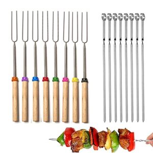 8pack marshmallow roasting sticks telescopic 32inch & 8pcs 14” long kabob skewers stainless steel barbecue skewers grilling set – extendable smores fork bbq fire pit sticks kit for campfire, sausage