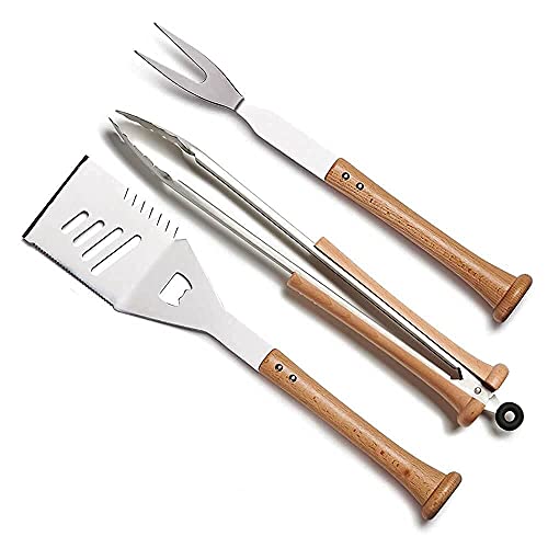 Baseball BBQ | 'Triple Play' Multi-Tool Spatula, Tongs & Fork Combo Set | BBQ Grilling Accessories & Utensils for Baseball Fans | Unique Wooden Bat Handle & Quality Stainless Steel Grill Masters