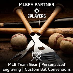 Baseball BBQ | 'Triple Play' Multi-Tool Spatula, Tongs & Fork Combo Set | BBQ Grilling Accessories & Utensils for Baseball Fans | Unique Wooden Bat Handle & Quality Stainless Steel Grill Masters