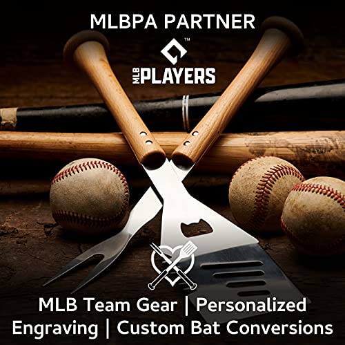 Baseball BBQ | 'Triple Play' Multi-Tool Spatula, Tongs & Fork Combo Set | BBQ Grilling Accessories & Utensils for Baseball Fans | Unique Wooden Bat Handle & Quality Stainless Steel Grill Masters