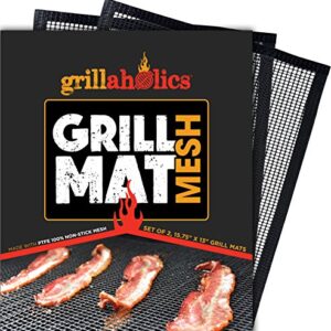 Grillaholics BBQ Mesh Grill Mat - Set of 2 Grill Mats Non Stick - Nonstick Grilling with More Delicious Smoky Flavor - Lifetime Manufacturer Warranty