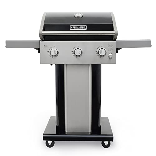 Permasteel 3-Burner Gas Grill | Cast Iron Cooking Grates, Grilling Tools Holder, Foldable Sides, PG-A40301-BK, Pedestal Style, 30000 Total BTUs - Black