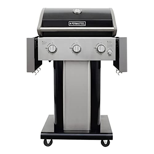 Permasteel 3-Burner Gas Grill | Cast Iron Cooking Grates, Grilling Tools Holder, Foldable Sides, PG-A40301-BK, Pedestal Style, 30000 Total BTUs - Black