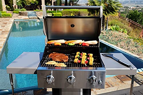 Permasteel 3-Burner Gas Grill | Cast Iron Cooking Grates, Grilling Tools Holder, Foldable Sides, PG-A40301-BK, Pedestal Style, 30000 Total BTUs - Black