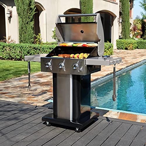 Permasteel 3-Burner Gas Grill | Cast Iron Cooking Grates, Grilling Tools Holder, Foldable Sides, PG-A40301-BK, Pedestal Style, 30000 Total BTUs - Black