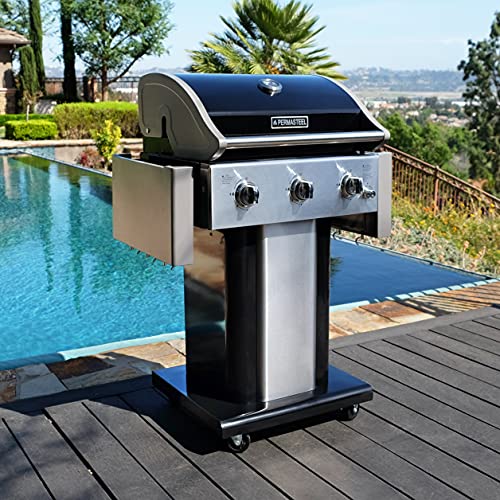 Permasteel 3-Burner Gas Grill | Cast Iron Cooking Grates, Grilling Tools Holder, Foldable Sides, PG-A40301-BK, Pedestal Style, 30000 Total BTUs - Black