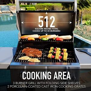 Permasteel 3-Burner Gas Grill | Cast Iron Cooking Grates, Grilling Tools Holder, Foldable Sides, PG-A40301-BK, Pedestal Style, 30000 Total BTUs - Black