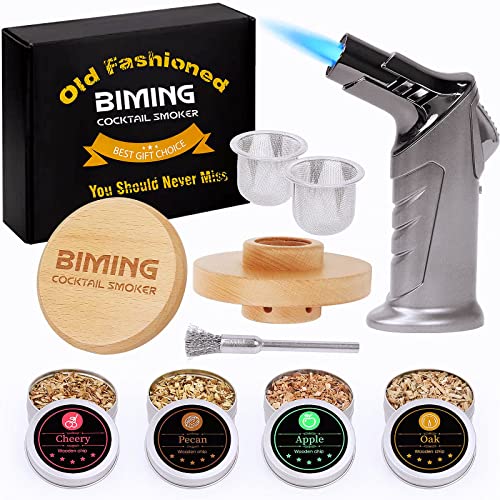 BIMING Cocktail Smoker Kit with Torch - Drink Whiskey Bourbon Smoker Infuser Kit with 4 Flavors Wood Chips, Old Fashioned Smoker Kit for Meat Cheese Salad-Gifts for Whiskey Lovers/Father/Men(No Butane) (Burlywood)