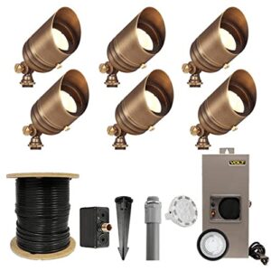 volt fat boy 12v brass led outdoor spotlight 6-pack kit (bronze) with 150w low voltage transformer