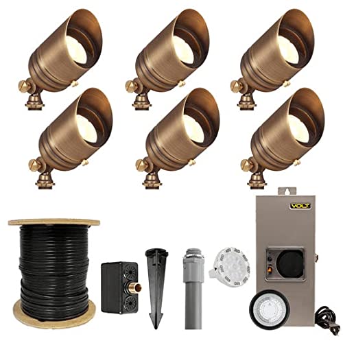 VOLT Fat Boy 12V Brass LED Outdoor Spotlight 6-Pack Kit (Bronze) with 150W Low Voltage Transformer