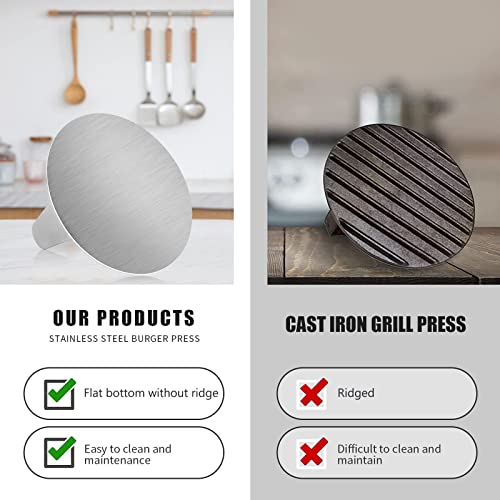 Yokudo Stainless Steel Burger Press for Griddle, 5.5 Inch Round Smash Burger Press, No Sticking Burger Smasher Flat Bottom Without Ridges Bacon Grill Press for Griddle