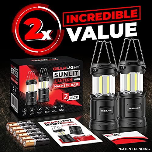 GearLight Camping Lantern - 2 Portable, LED Battery Powered Lamp Lights, Magnetic Base and Foldable Hook for Emergency Use or Camp Sites. Gift for him, for Kids Stocking Stuffer. Christmas Gift.﻿