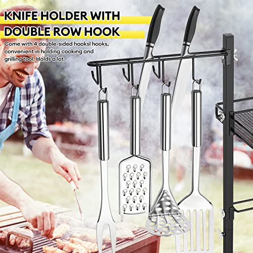 Caddy Grill Organizer, 3-in-1 Grill BBQ Caddy with Outdoor Towel Holder, BBQ Condiment Caddy and Knife Holder with Double Row Hook, Grill Utensil Caddy for Outdoor Grill, Camping, Kitchen Storage Tool