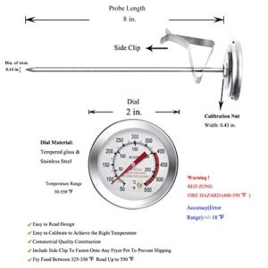 BOHK 8 Inch Meat Temperature with Clip for Cooking Grill Thermometer with Probe Stainless Steel Metal Thermometers for Deep Frying