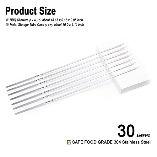 CenterZ 30 Pack Kebab Skewers, 15" Long Flat Stainless Steel BBQ Shish Kabob Skewers with Portable Metal Storage Tube, Reusable Meat Sticks Set for Grilling, Marshmallow, Vegetable, Shiskabob Barbecue