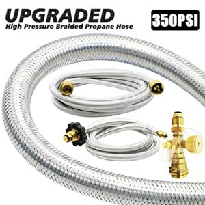 GardenNow Upgraded Propane Brass 4 Port Tee Kit Propane Brass Tee Adapter Kit with 5FT and 12FT Stainless Braided Hoses Allow for Connection Between Auxiliary Propane Cylinder and Propane Appliances