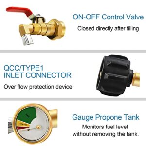 Propane Refill Adapter for 1 lb. Tanks with Gauge,5FT/60 Propane Extension Hose with ON-Off Control Valve, 350PSI High Pressure QCC1/Type1 Inlet for 1LB Propane Gas Tank Cylinder Bottle Camping Grill