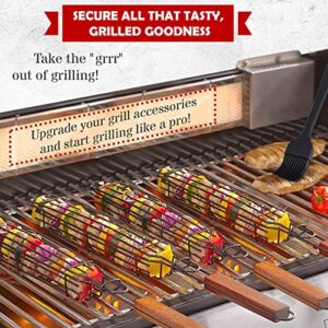 Gnome Mames Kabob Grilling Baskets - Set of 8 Large BBQ & Veggie Grill Baskets + Stainless Steel Skewers - Silicone Basting Brush - Easy Vegetable & Meat Removal with No Mess Slider - Basket Lid Holds Ingredients- Gifts For Father, Dad, or Husband-BBQ Gri