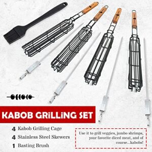 Gnome Mames Kabob Grilling Baskets - Set of 8 Large BBQ & Veggie Grill Baskets + Stainless Steel Skewers - Silicone Basting Brush - Easy Vegetable & Meat Removal with No Mess Slider - Basket Lid Holds Ingredients- Gifts For Father, Dad, or Husband-BBQ Gri