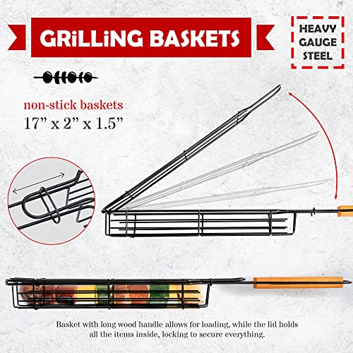 Gnome Mames Kabob Grilling Baskets - Set of 8 Large BBQ & Veggie Grill Baskets + Stainless Steel Skewers - Silicone Basting Brush - Easy Vegetable & Meat Removal with No Mess Slider - Basket Lid Holds Ingredients- Gifts For Father, Dad, or Husband-BBQ Gri