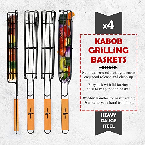 Gnome Mames Kabob Grilling Baskets - Set of 8 Large BBQ & Veggie Grill Baskets + Stainless Steel Skewers - Silicone Basting Brush - Easy Vegetable & Meat Removal with No Mess Slider - Basket Lid Holds Ingredients- Gifts For Father, Dad, or Husband-BBQ Gri