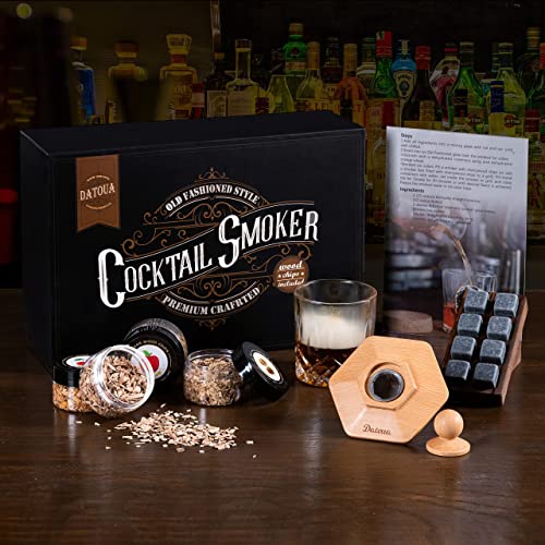 Cocktail Smoker Kit with Whiskey Stone, 4 Different Wood Chips, Cocktail Smoker Top & Whiskey Glass, Old Fashioned Drink Smoker kit for Whiskey and Bourbon, Infuse Cocktails, Whiskey