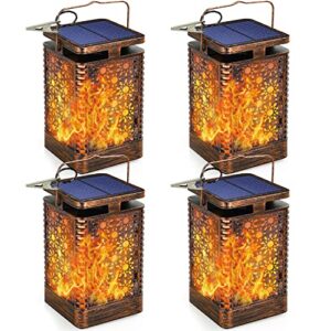 solar lanterns outdoor waterproof, flickering flame outdoor hanging solar lanterns retro solar lights with handle, decorative outdoor lighting solar powered umbrella lights for patio garden 4 pack