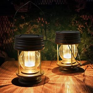 solar lantern – hanging solar lights outdoor – 2 pack solar powered waterproof led lanterns vintage design for landscape yard garden pathway beach pavilion decoration (warm lights)