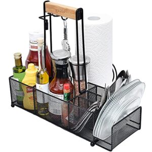 omaia bbq and grill caddy with paper towel holder, wood handle & 2 hooks – camper accessories condiment caddy – plates, cutlery and bbq organizer for camping outdoor, rv – us patent pending