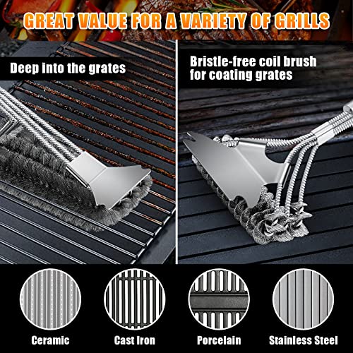 Tohsssik 2pcs Grill Brush for Outdoor Grill, Stainless Grill Cleaner Brush and Scraper, 17" BBQ Brush for Grill Cleaning & Grill Brush Bristle Free, BBQ Grill Accessories Gift for Men