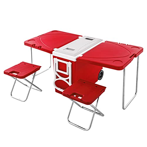 UNICOO - Multi-Function Rolling Cooler Picnic Camping Outdoor W/Table & 2 Chairs, Outdoor Picnic Foldable Upgraded Stool, Heat Insulation Box (Red)