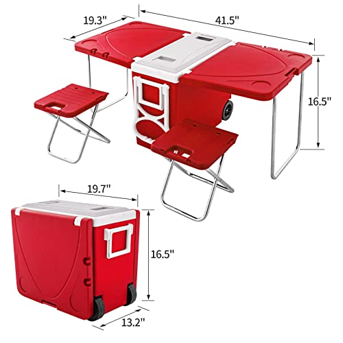 UNICOO - Multi-Function Rolling Cooler Picnic Camping Outdoor W/Table & 2 Chairs, Outdoor Picnic Foldable Upgraded Stool, Heat Insulation Box (Red)